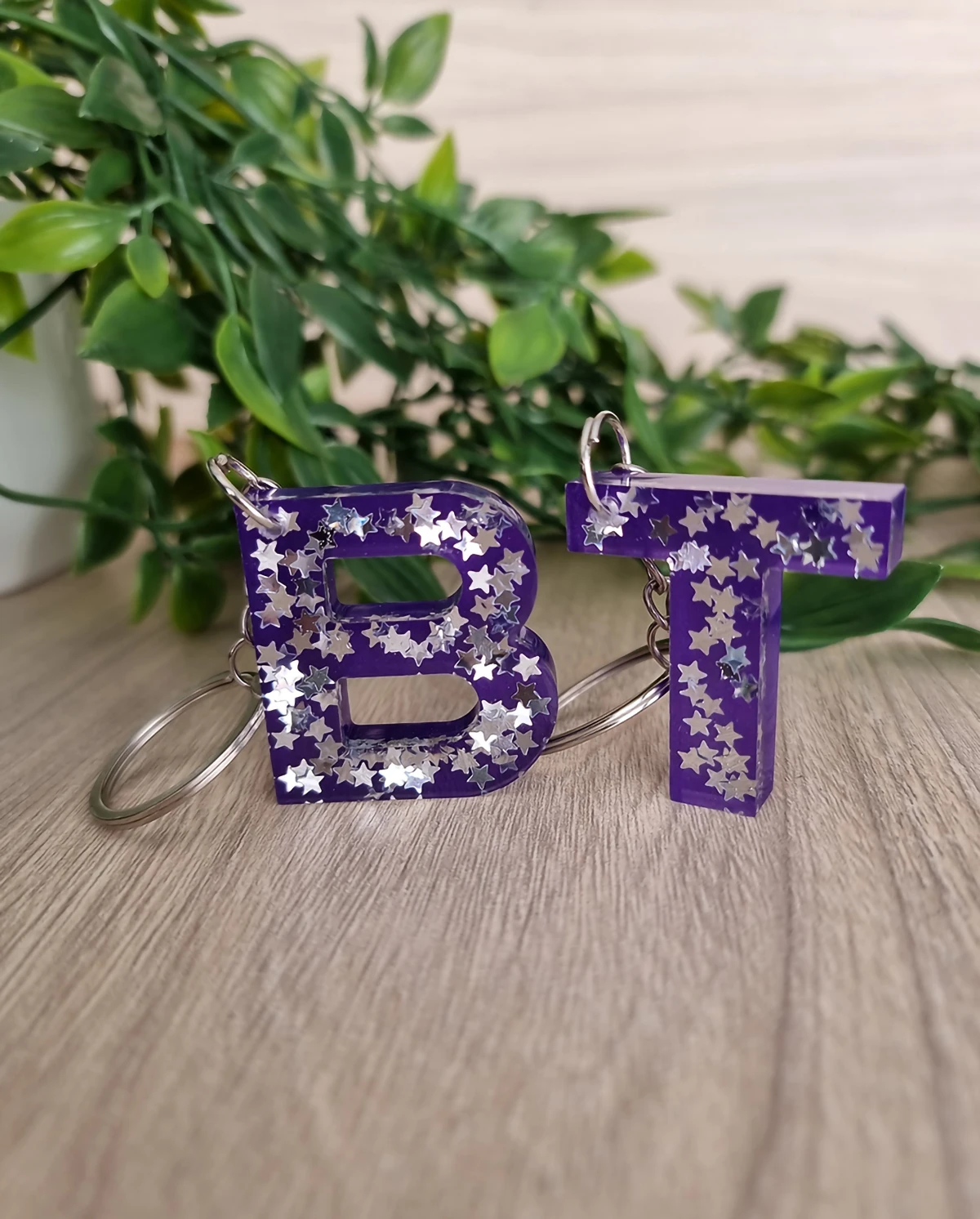 Purple - Silver Star Resin Alphabet Key Ring - Open Window Crafts
