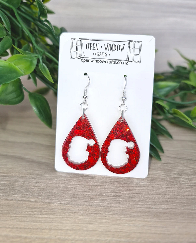Santa Red Glitter Tear Drop Resin Christmas Earrings - Open Window Crafts
