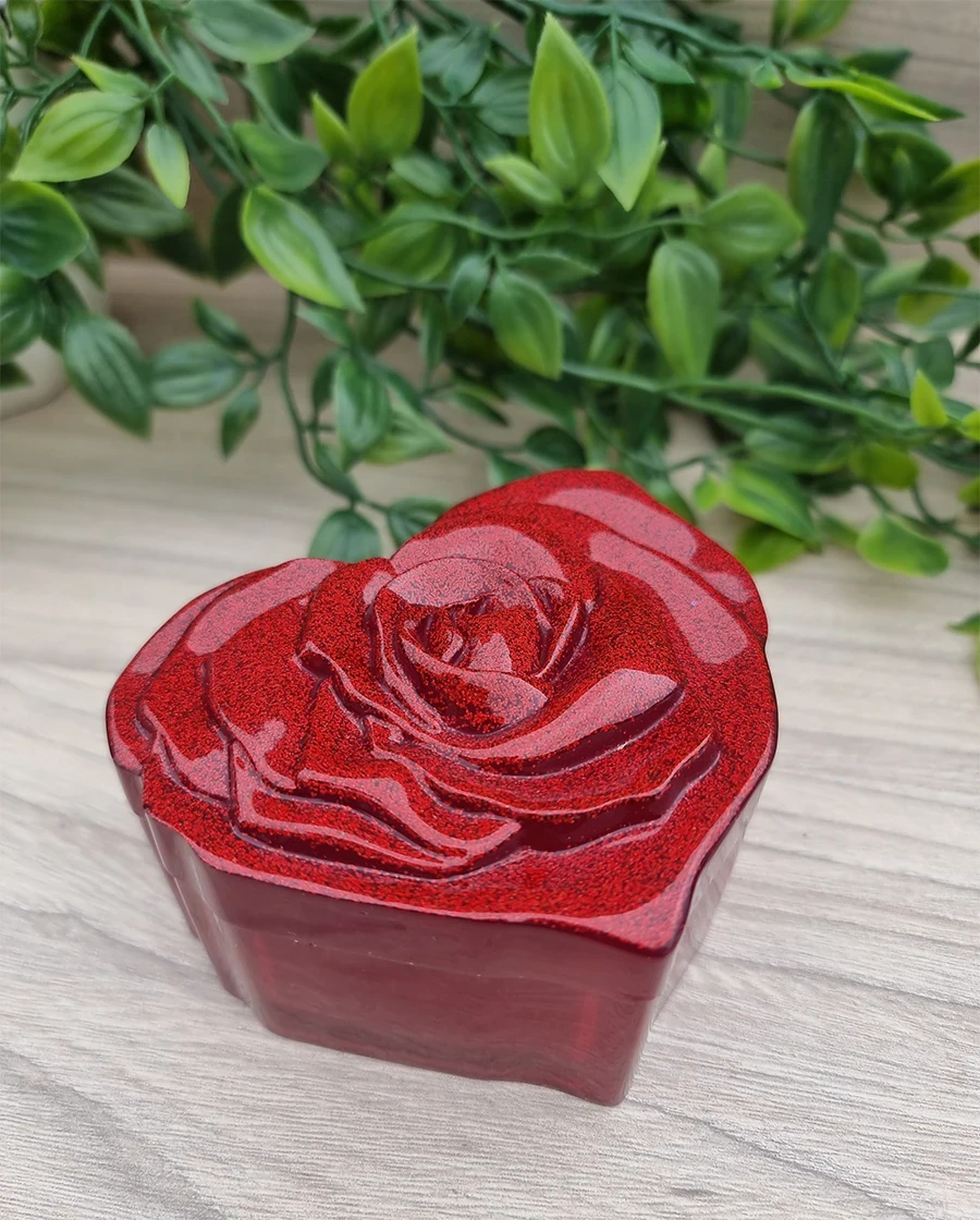 3D Red Rose Glitter Heart Resin Trinket Tray - Open Window Crafts