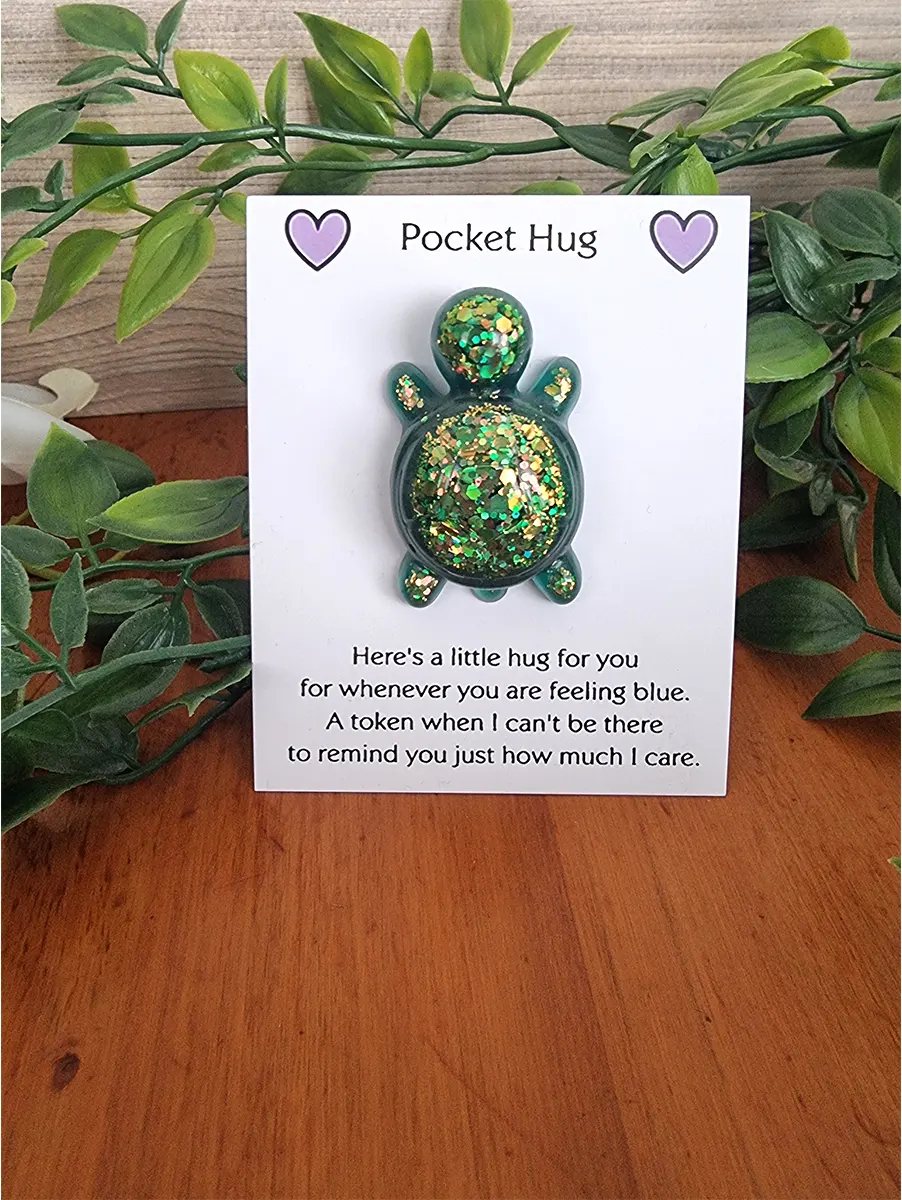 Green And Glitter Resin Turtle Pocket Hug - Open Window Crafts